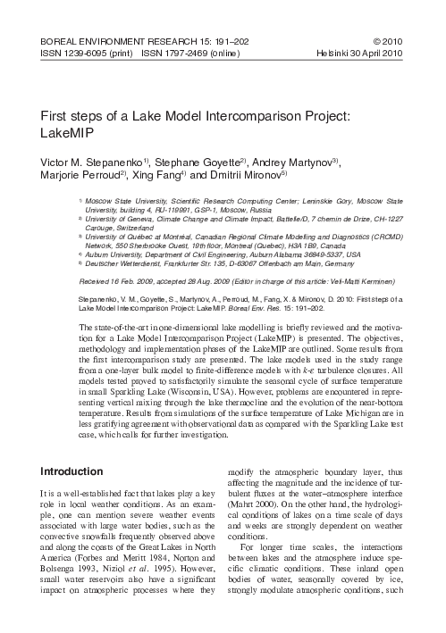 (PDF) First steps of a lake model intercomparison Project: lakemiP
