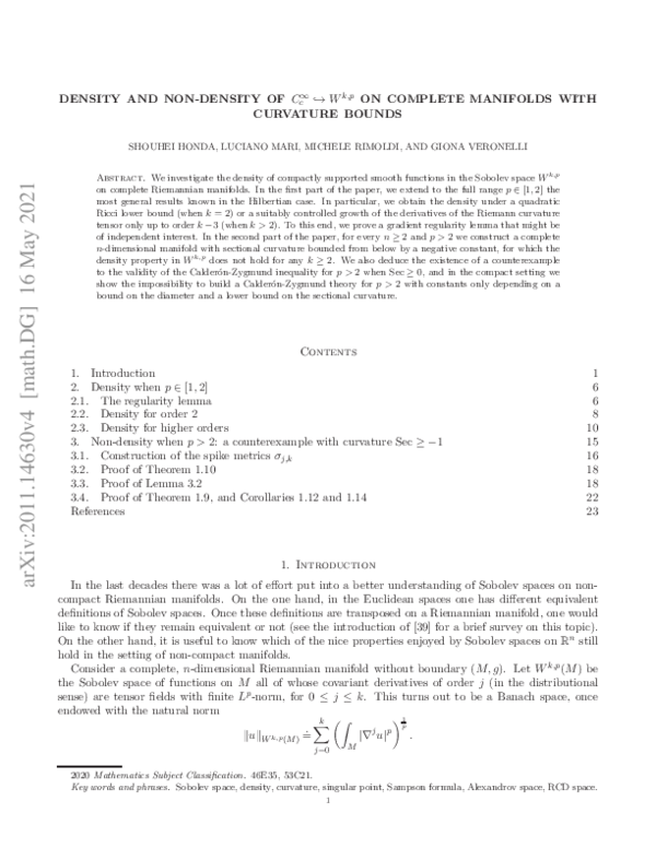 (PDF) Density and non-density of $C^\infty_c \hookrightarrow W^{k,p}$ on complete manifolds with ...