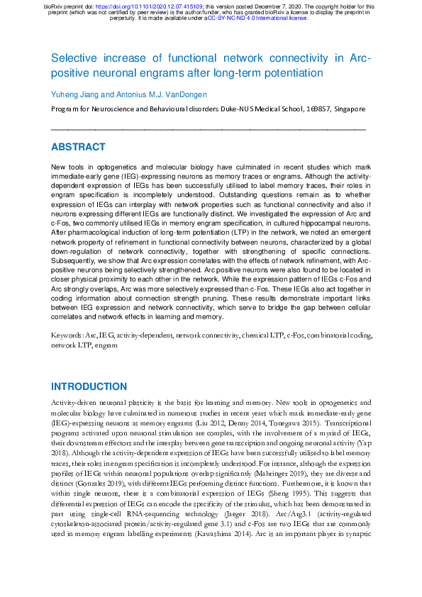 (PDF) Selective increase of functional network connectivity in Arc-positive neuronal engrams ...