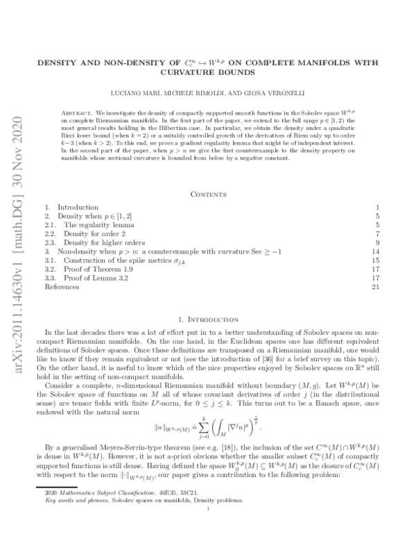 (PDF) Density and non-density of Cc∞↪Wk,p on complete manifolds with curvature bounds