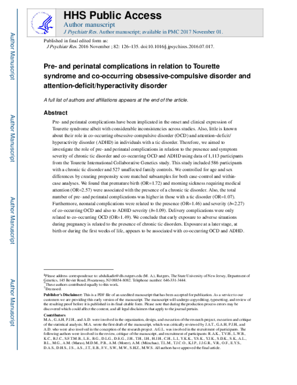 (PDF) Pre- and perinatal complications in relation to Tourette syndrome and co-occurring ...
