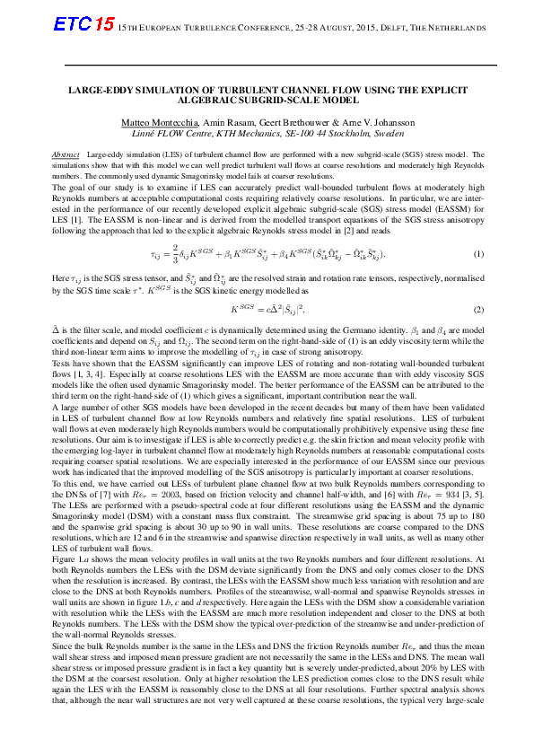 (PDF) Large-eddy simulation of turbulent channel flow using the explicit algebraic subgrid-scale ...