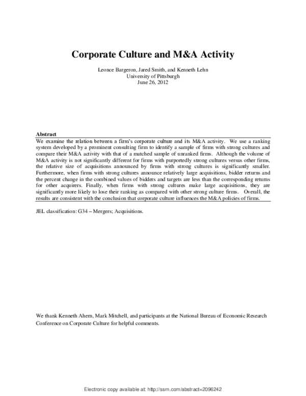 (PDF) Corporate Culture and M&A Activity