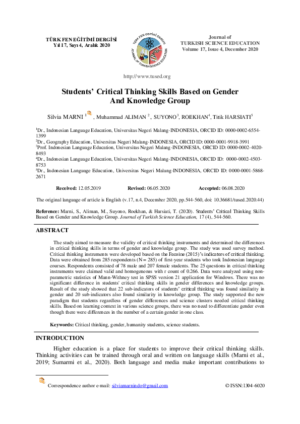 (PDF) Students Critical Thinking Skills Based on Gender And Knowledge Group