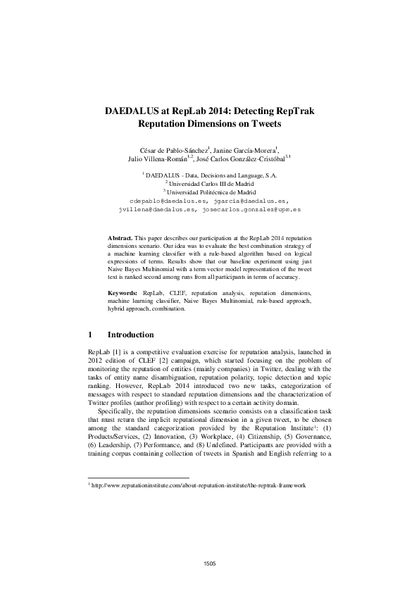 (PDF) DAEDALUS at RepLab 2014: Detecting RepTrak Reputation Dimensions ...