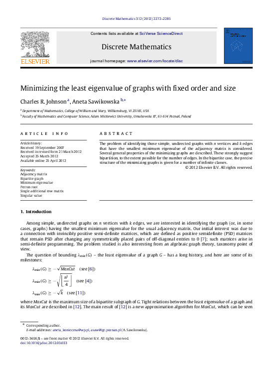 Pdf Minimizing The Least Eigenvalue Of Graphs With Fixed Order And Size