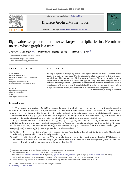 (PDF) Eigenvalue assignments and the two largest multiplicities in a ...