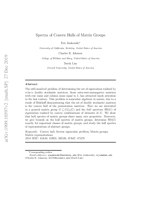(PDF) Spectra of convex hulls of matrix groups