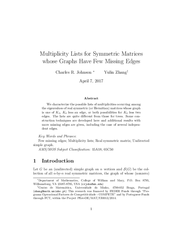 Pdf Multiplicity Lists For Symmetric Matrices Whose Graphs Have Few Missing Edges Charles