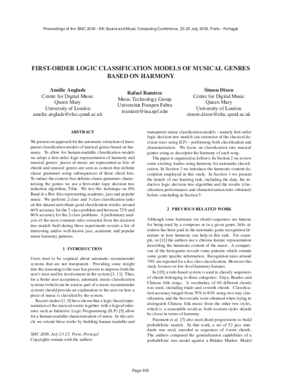 (PDF) First-Order Logic Classification Models of Musical Genres Based on Harmony | Ruth Ramirez ...