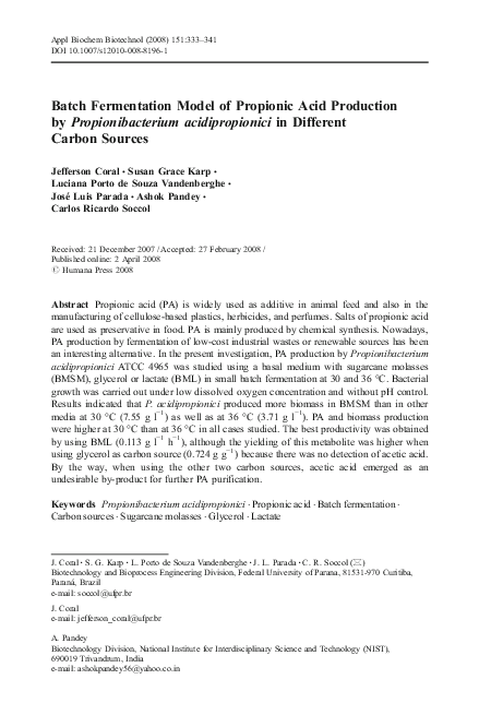 (PDF) Batch Fermentation Model of Propionic Acid Production by ...