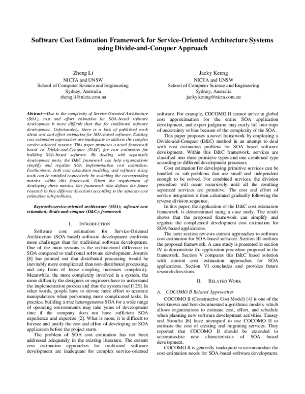 Pdf Software Cost Estimation Framework For Service Oriented Architecture Systems Using Divide 
