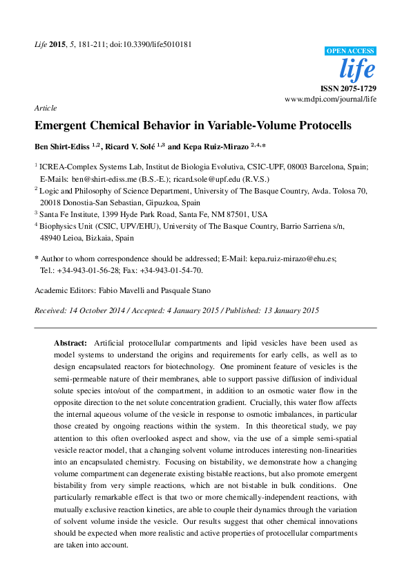 Pdf Emergent Chemical Behavior In Variable Volume Protocells