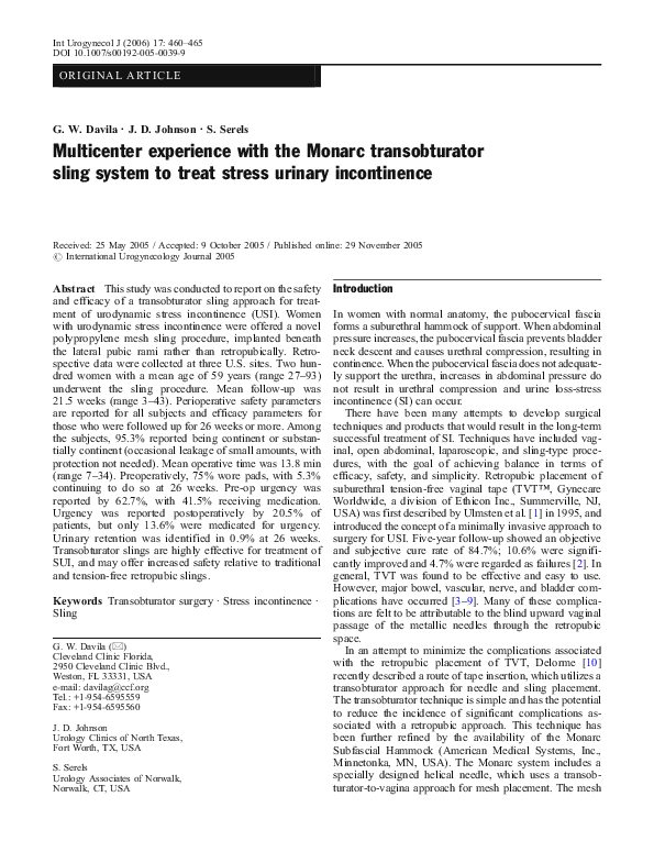 (PDF) Multicenter experience with the Monarc transobturator sling ...
