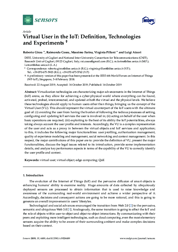 (PDF) Virtual User in the IoT: Definition, Technologies and Experiments