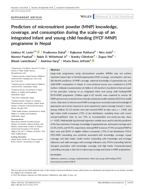 (PDF) Predictors of micronutrient powder ( MNP ) knowledge, coverage ...