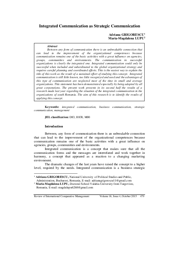 (PDF) Integrated Communication as Strategic Communication