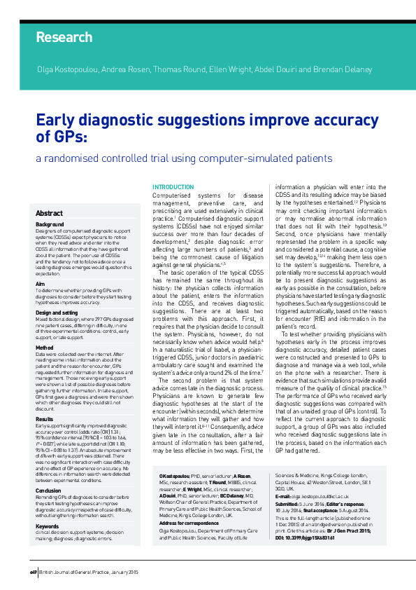 (PDF) Early diagnostic suggestions improve accuracy of GPs: a randomised controlled trial using ...
