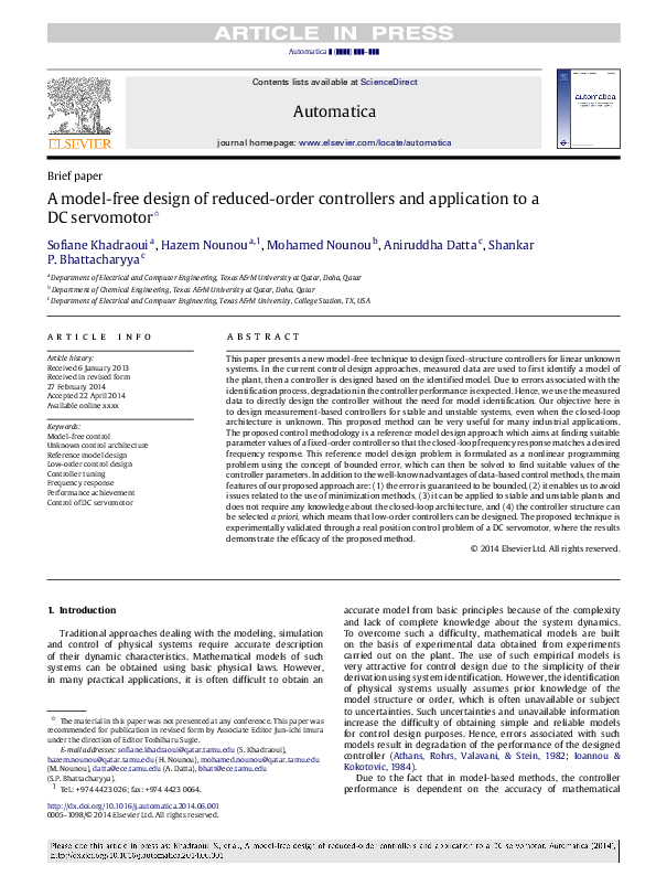 (PDF) A model-free design of reduced-order controllers and application to a DC servomotor