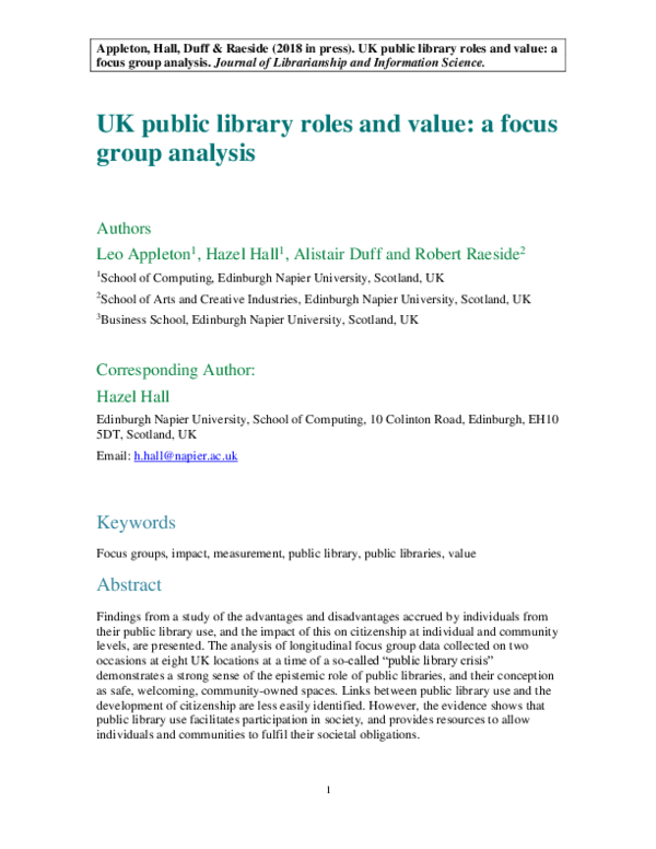 (PDF) UK public library roles and value: A focus group analysis