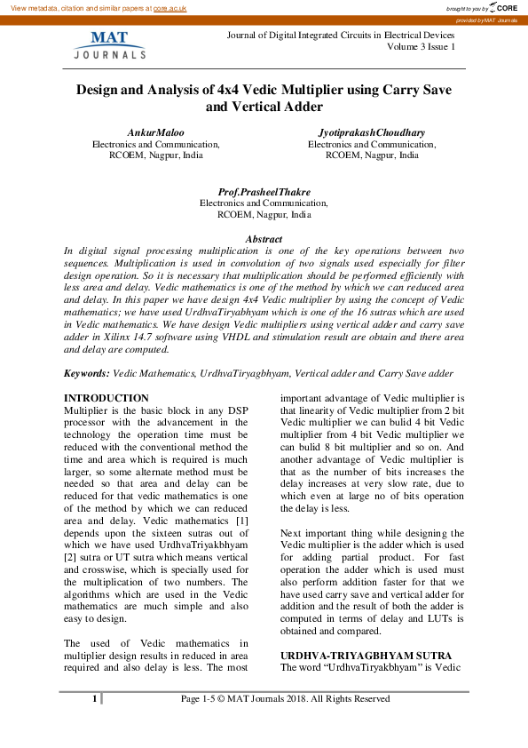 (PDF) Design and Analysis of 4x4 Vedic Multiplier using Carry Save and ...