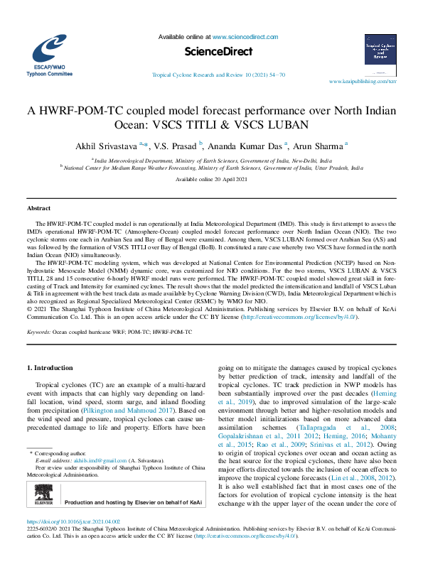 (PDF) A HWRF-POM-TC coupled model forecast performance over North ...