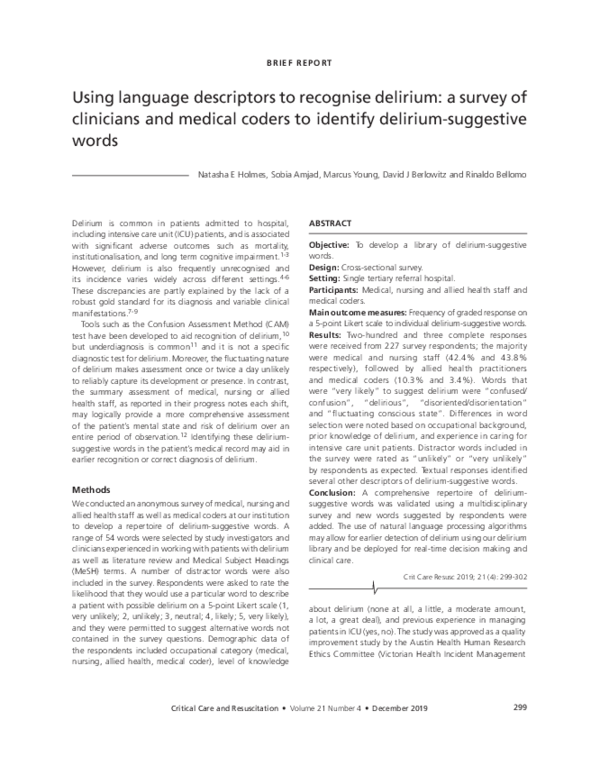 (PDF) Using language descriptors to recognise delirium: a survey of ...