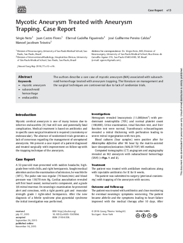 (PDF) Mycotic Aneurysm Treated with Aneurysm Trapping. Case Report