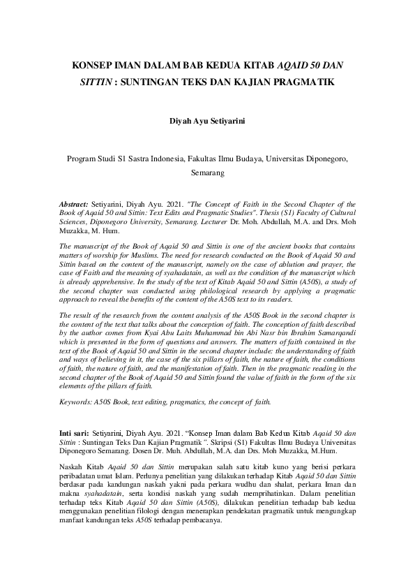 (PDF) Konsep Iman Dalam Bab Kedua Kitab Aqaid 50 Dan Sittin : Suntingan Teks Dan Kajian Pragmatik