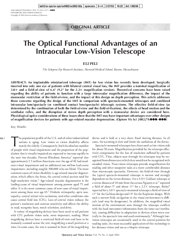 (PDF) The Optical Functional Advantages of an Intraocular Low-Vision ...