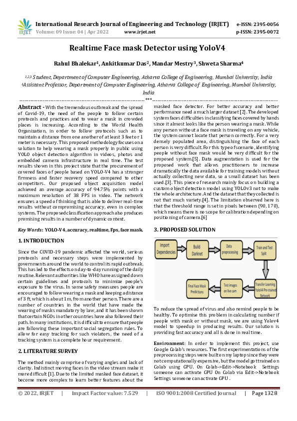 Pdf Realtime Face Mask Detection Using Yolov4 Algorithm 7330