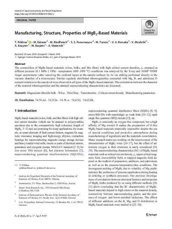 (PDF) Manufacturing, Structure, Properties of MgB2-Based Materials