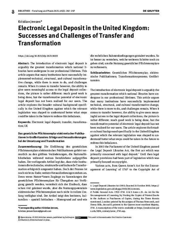 (PDF) Electronic Legal Deposit in the United Kingdom: Successes and Challenges of Transfer and ...