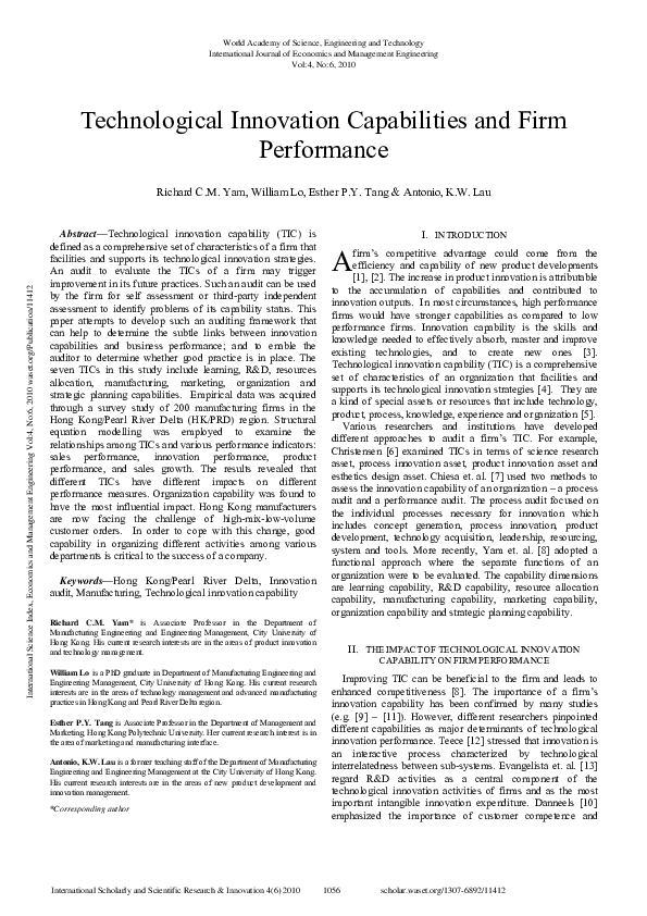 (PDF) Technological Innovation Capabilities And Firm Performance