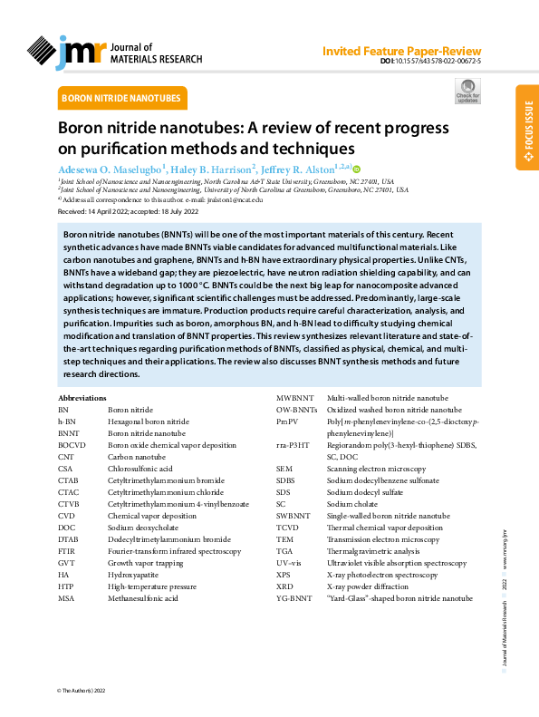 (PDF) Boron nitride nanotubes: A review of recent progress on purification methods and techniques