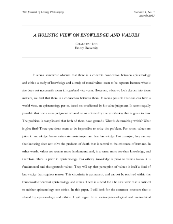 (PDF) A Holistic View on Knowledge and Values