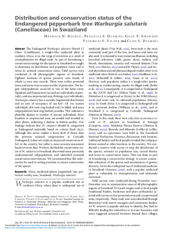 (PDF) Distribution and conservation status of the Endangered pepperbark ...