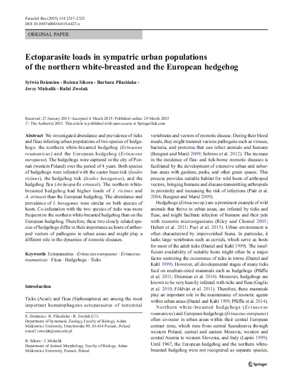 (PDF) Ectoparasite loads in sympatric urban populations of the northern white-breasted and the ...