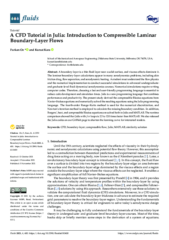 (PDF) A CFD Tutorial in Julia: Introduction to Compressible Laminar Boundary-Layer Flows