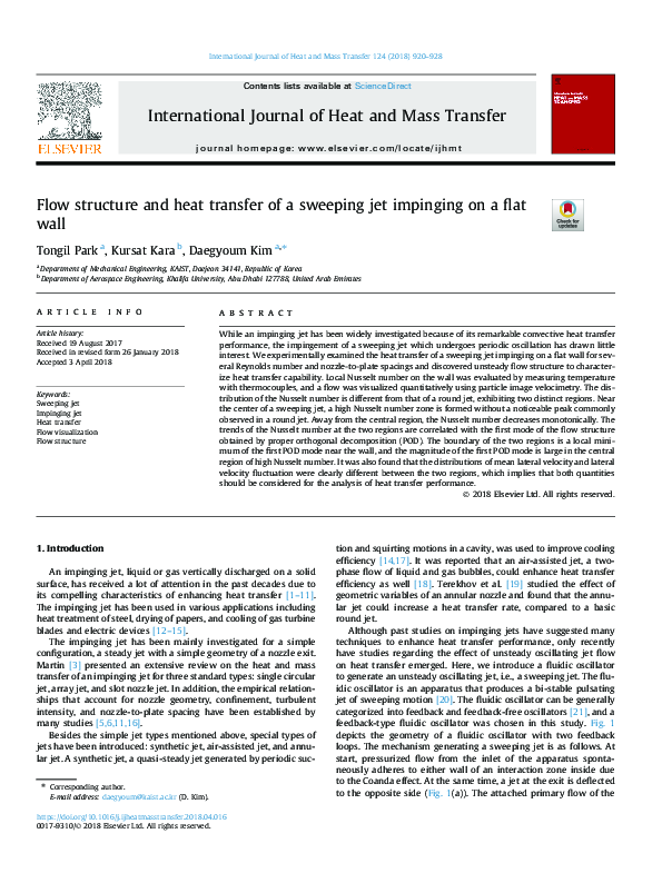 (PDF) Flow structure and heat transfer of a sweeping jet impinging on a ...