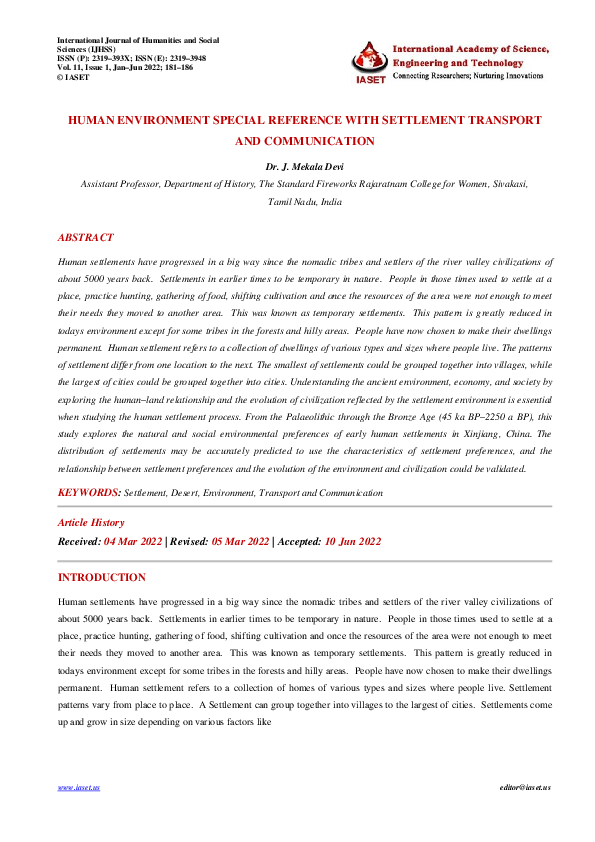 (PDF) HUMAN ENVIRONMENT SPECIAL REFERENCE WITH SETTLEMENT TRANSPORT AND ...