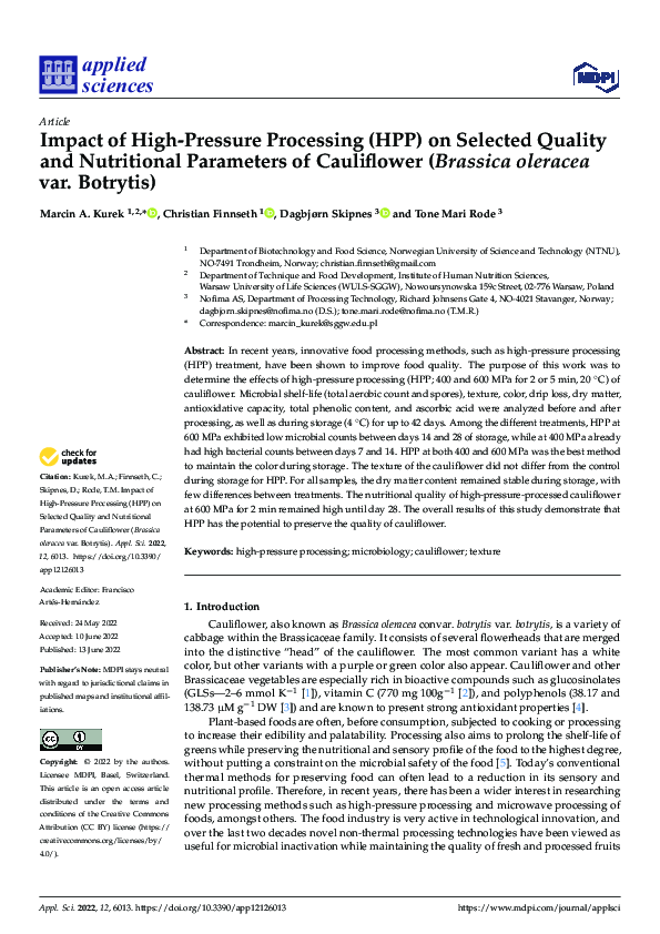 (PDF) Impact of High-Pressure Processing (HPP) on Selected Quality and Nutritional Parameters of ...