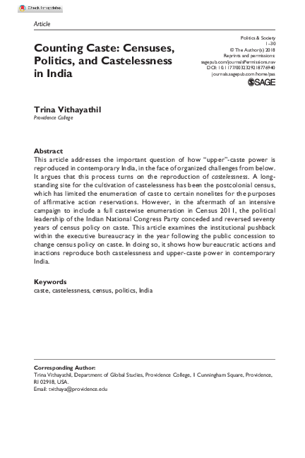 (PDF) Counting Caste: Censuses, Politics, and Castelessness in India