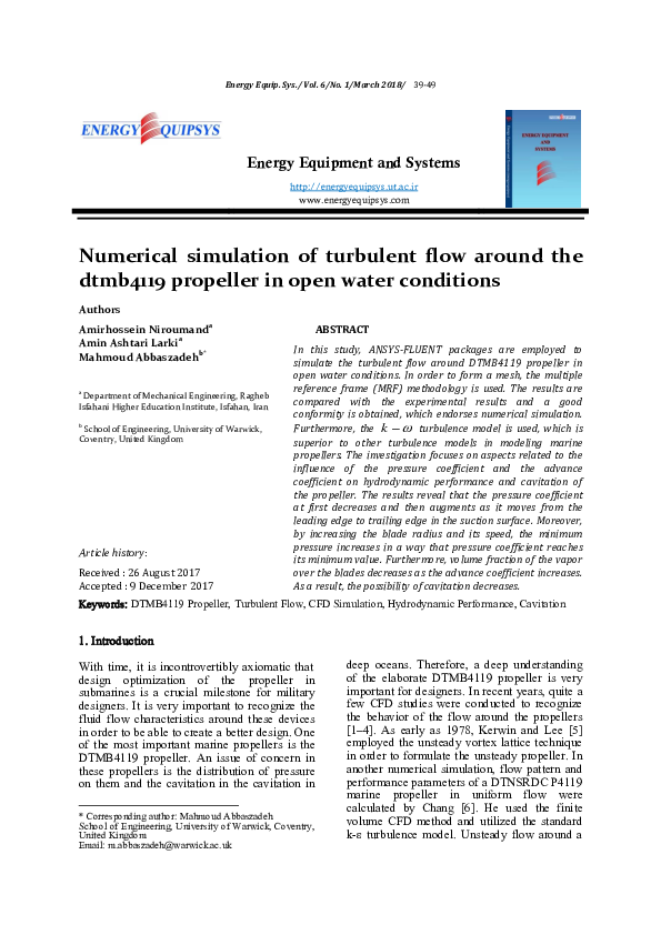 (PDF) Energy Equipment and Systems Numerical simulation of turbulent flow around the dtmb4119 ...