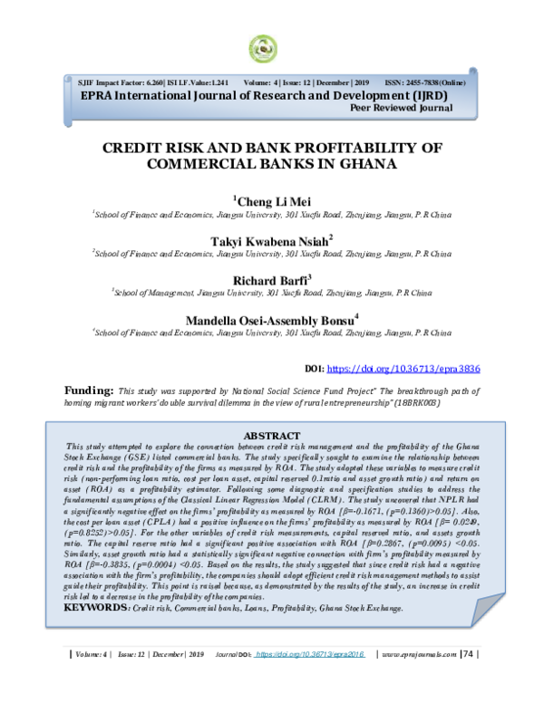 (PDF) Credit Risk and Bank Profitability of Commercial Banks in Ghana