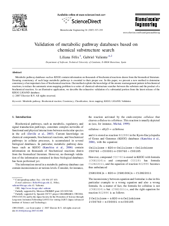 Pdf Validation Of Metabolic Pathway Databases Based On Chemical
