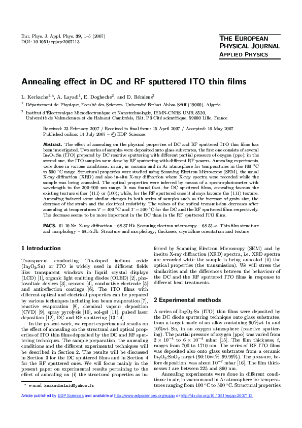 (PDF) Annealing effect in DC and RF sputtered ITO thin films