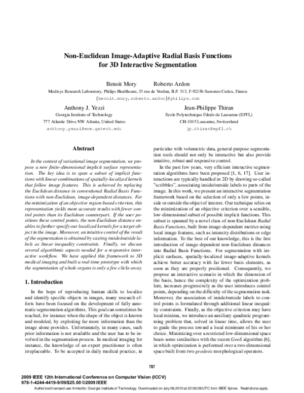Pdf Non Euclidean Image Adaptive Radial Basis Functions For 3d Interactive Segmentation