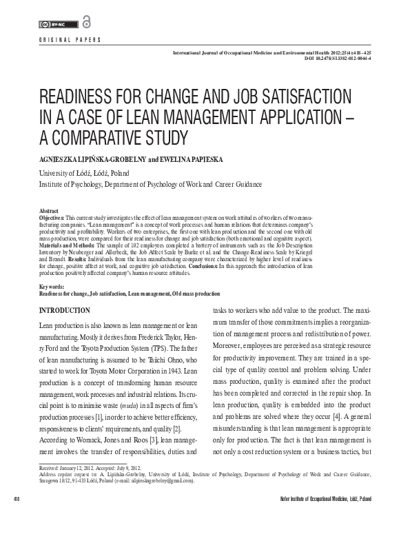 (PDF) Readiness for change and job satisfaction in a case of lean ...