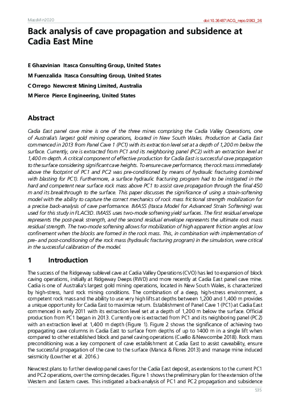 Pdf Back Analysis Of Cave Propagation And Subsidence At Cadia East Mine